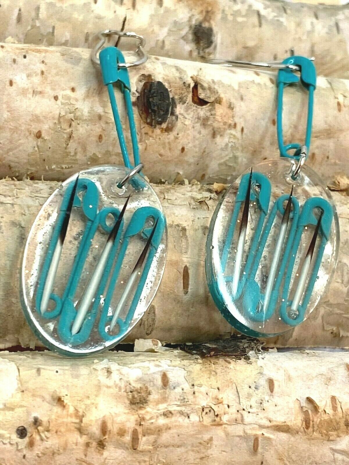 Handmade American Porcupine Quill Resin Earrings Turquoise Safety Pins ...
