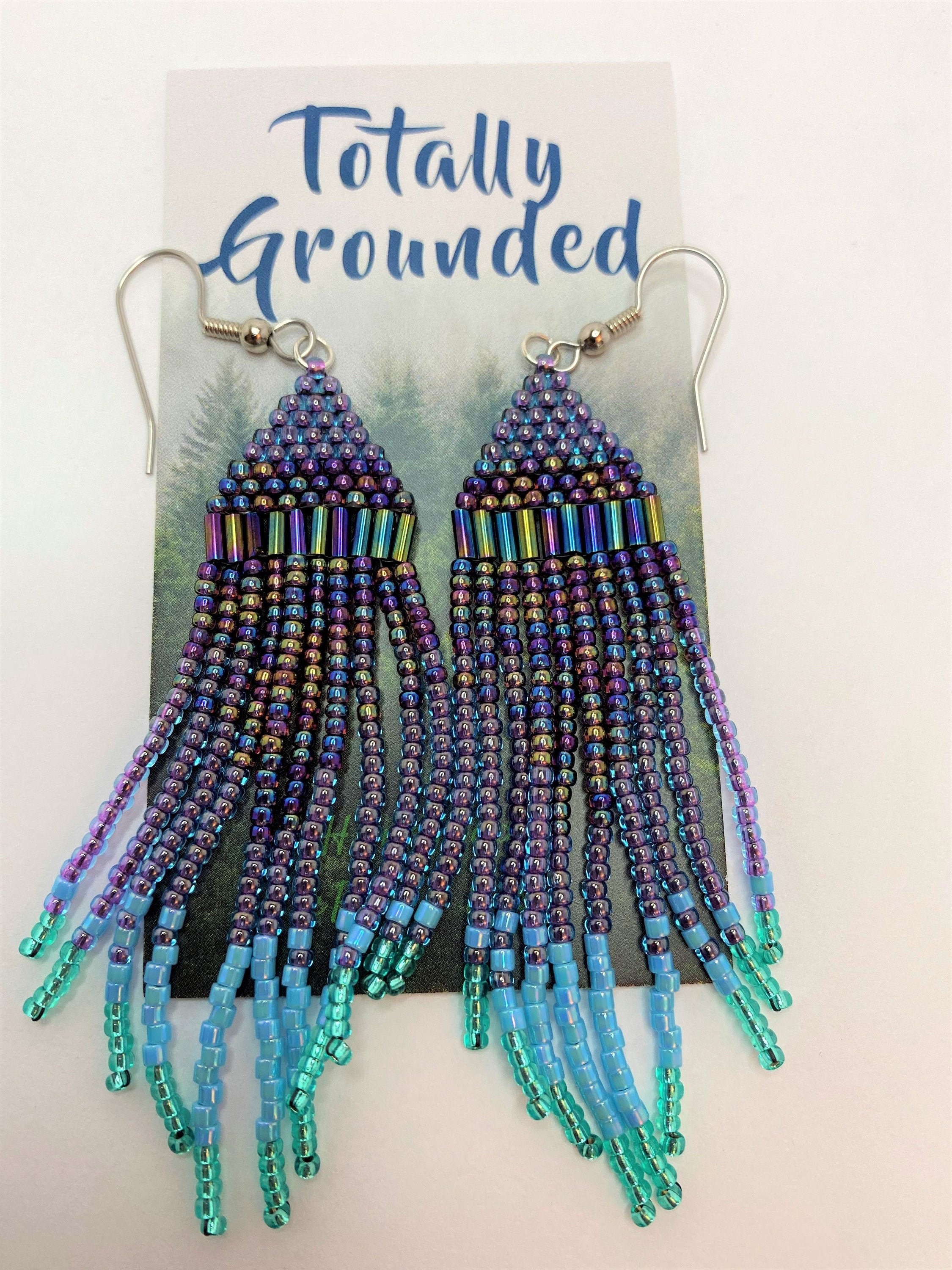 Handmade Beaded Fringe Earring, Iridescent Rainbow, Multi-colored ...